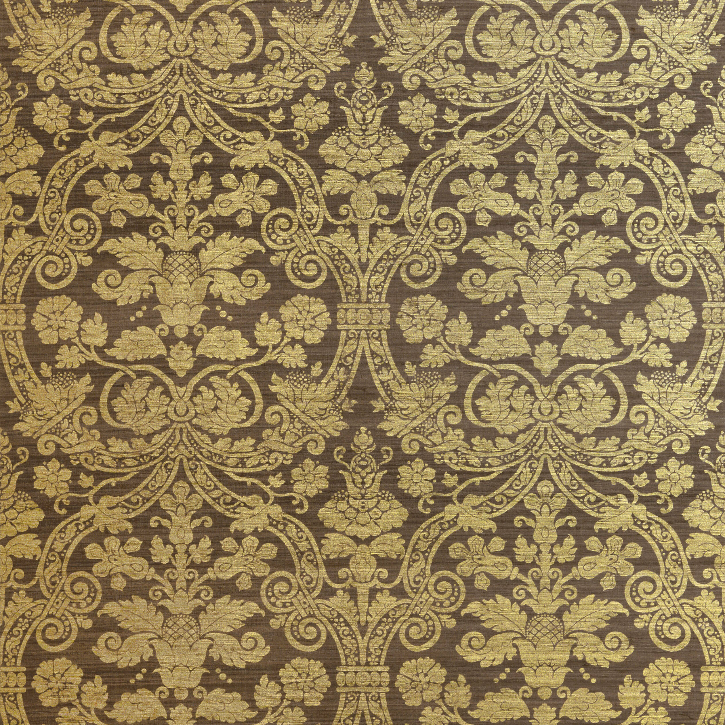 Curtis Silk Damask Metallic Gold on Brown T1007 Wallpaper by Thibaut ...